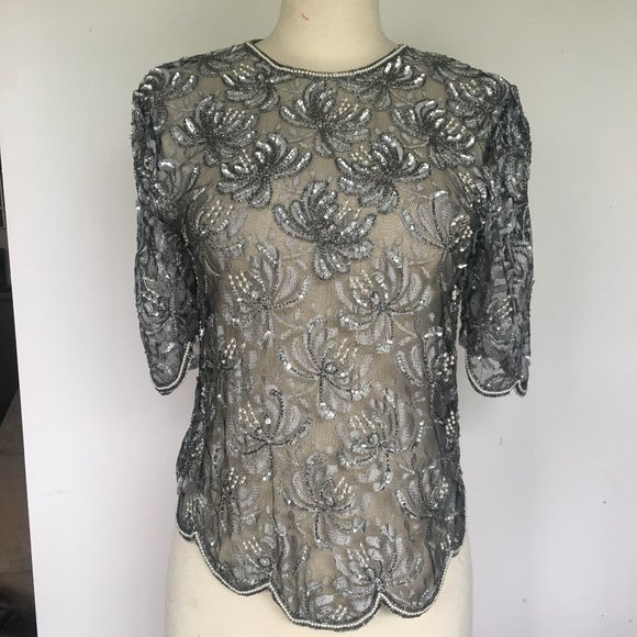 SCALA USA | Tops | Vintage Scala Lace And Sequins Sheer Grey Evening ...